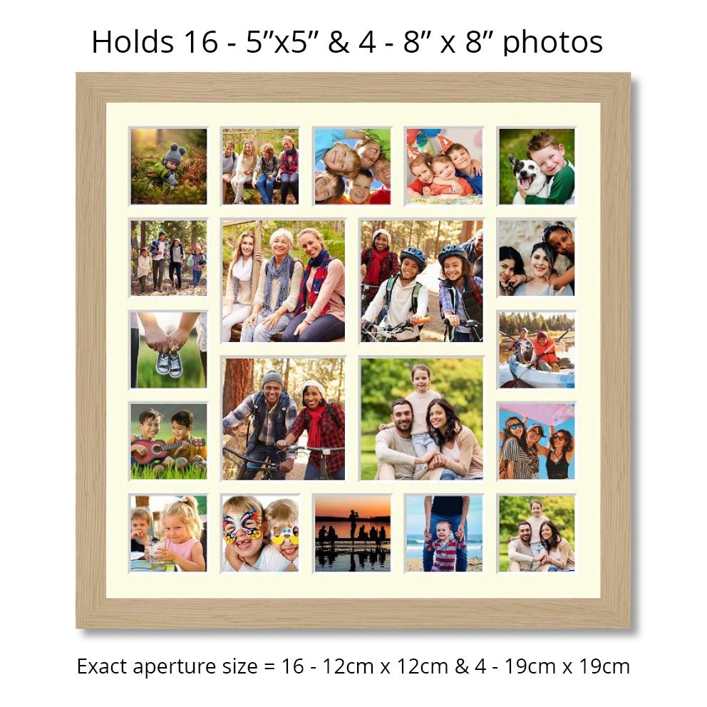 Extra Large Multi Photo Picture Frame to hold 16 5 x5 and 4 8 x8 photos in an oak veneer frame