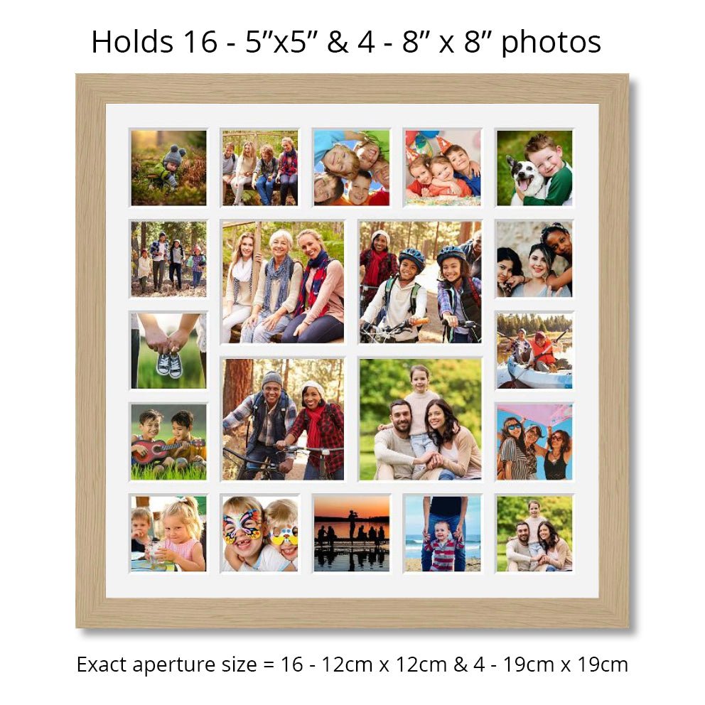 Extra Large Multi Photo Picture Frame to hold 16 5 x5 and 4 8 x8 photos in an oak veneer frame