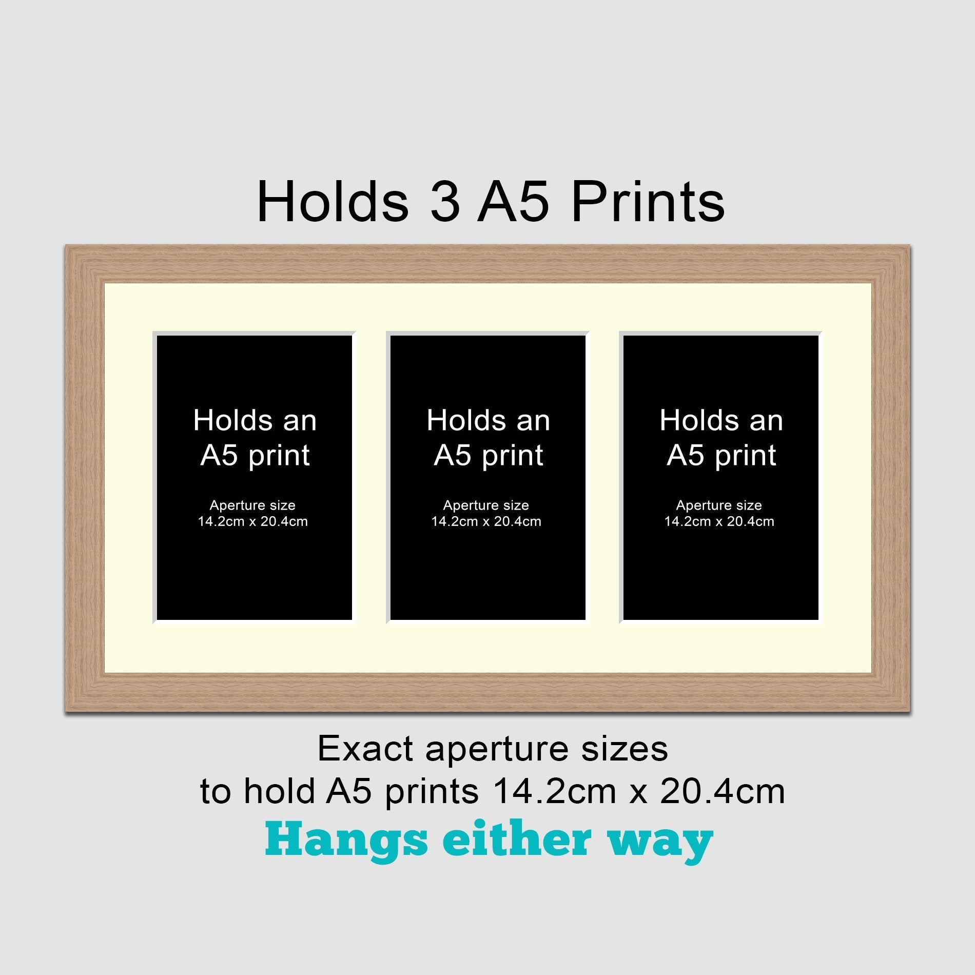 Picture Frame holds 3 A5 prints or photos in an Oak Veneer Wood Frame